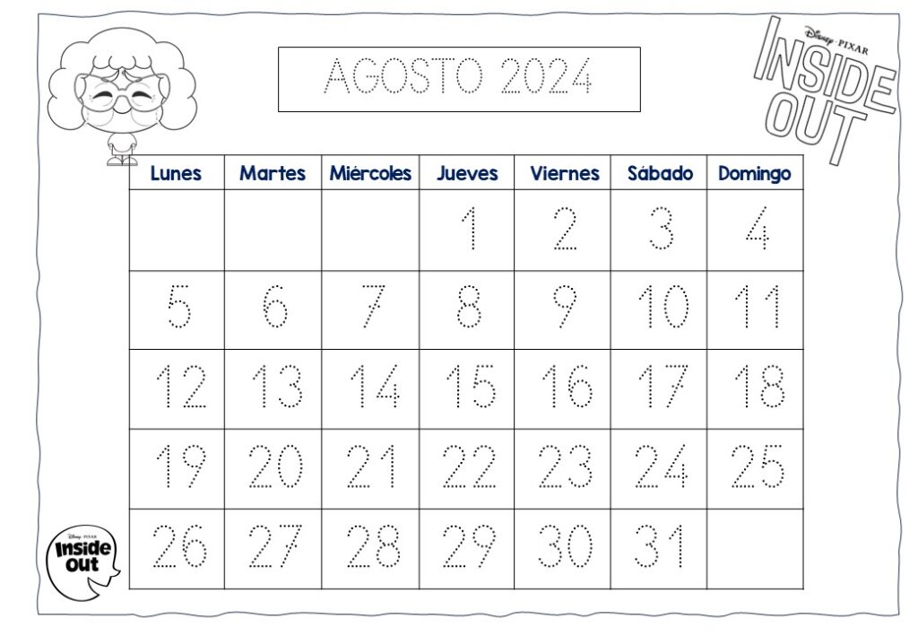 Calendario punteado de AGOSTO 2024 para escritura numérica intensamente ...