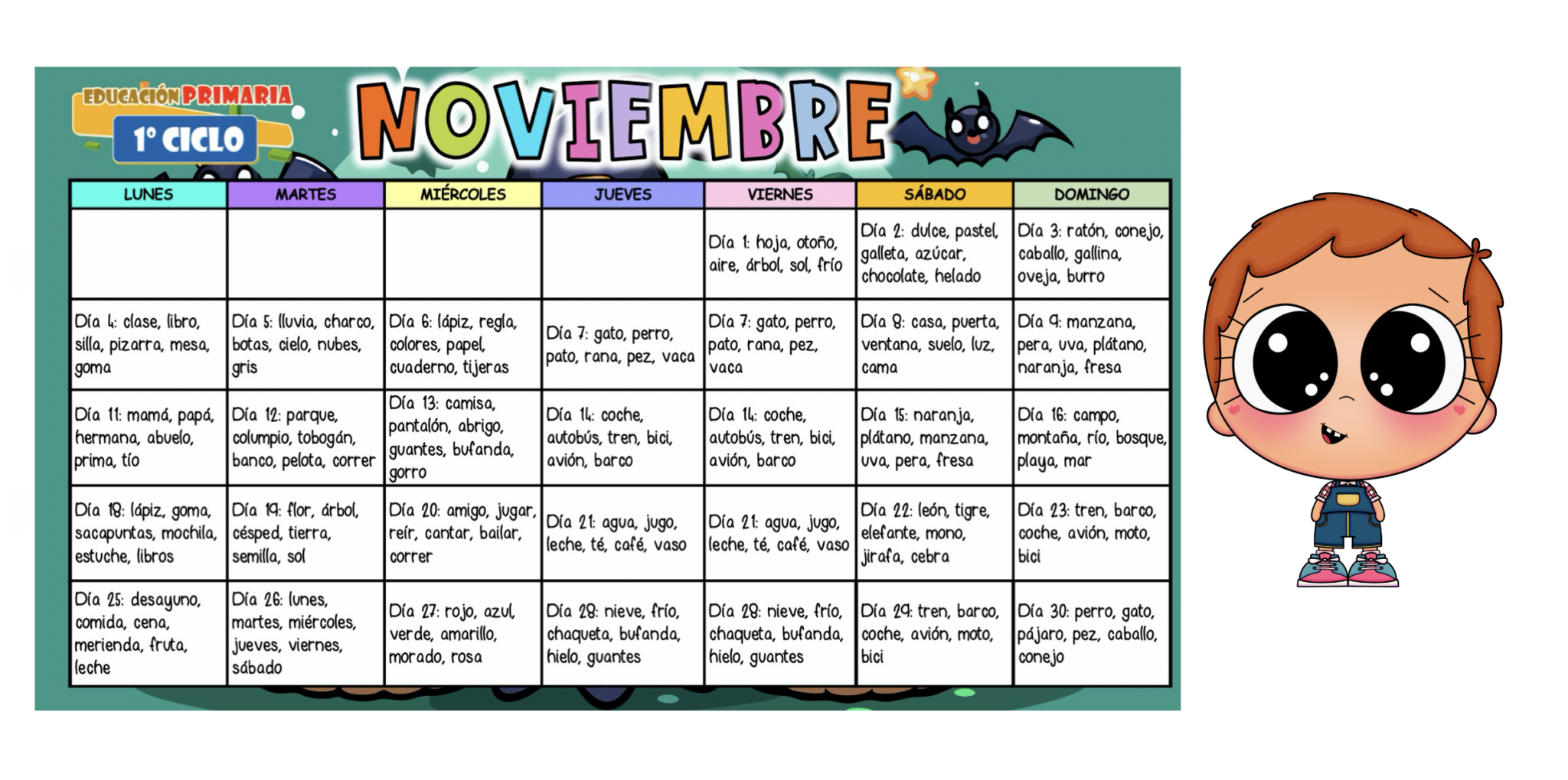 Calendario dictado de palabras primer ciclo mes de noviembre 2024 ...