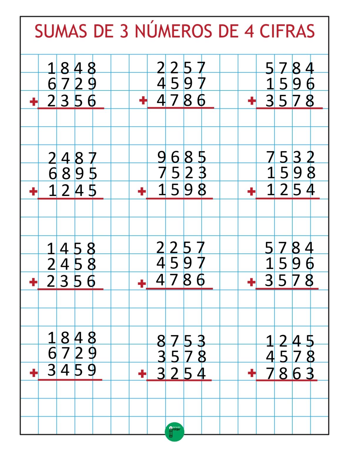 Cuadernillo de fichas sumas de 3 números de 4 cifras + plantilla ...