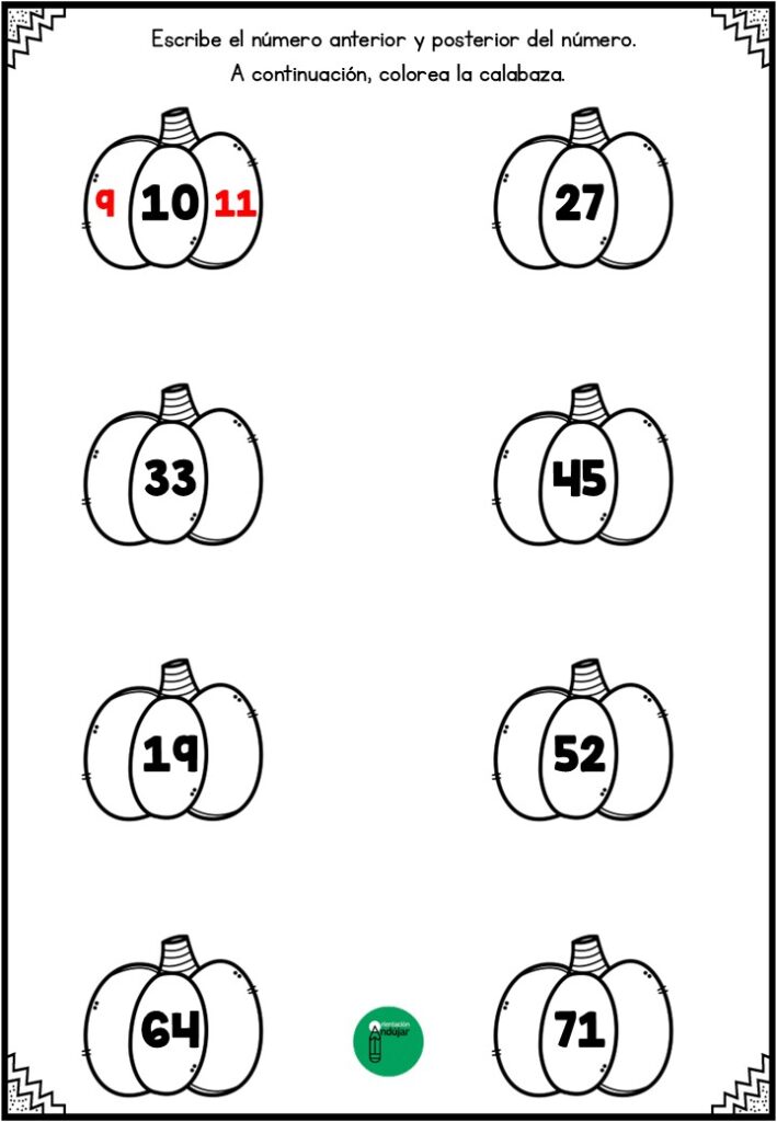 Calabazas numéricas para escribir el número anterior y posterior ...