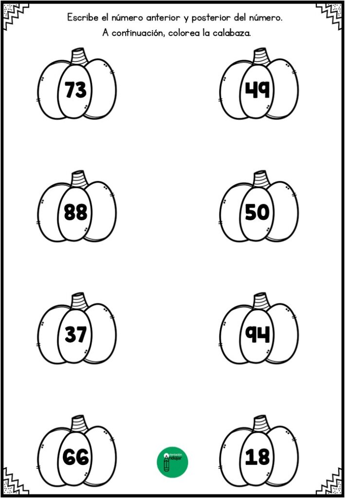Calabazas numéricas para escribir el número anterior y posterior ...