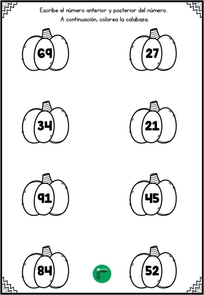 Calabazas numéricas para escribir el número anterior y posterior ...