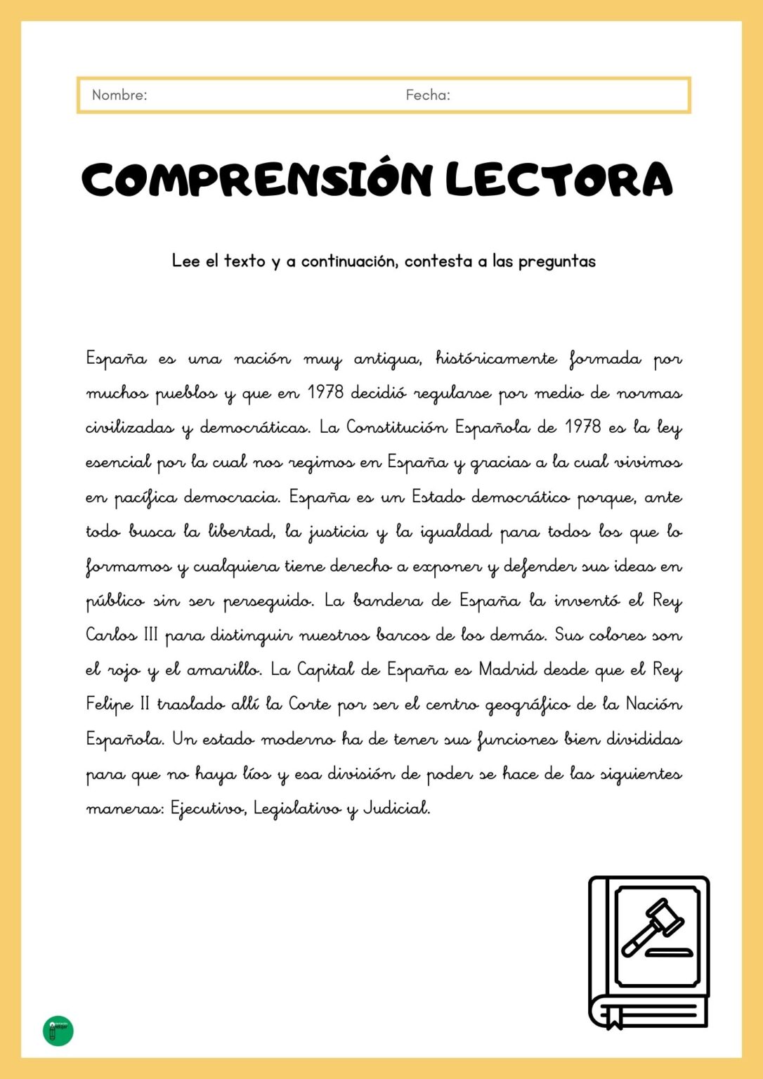Comprensión lectora sobre la Constitución Española para Primaria ...