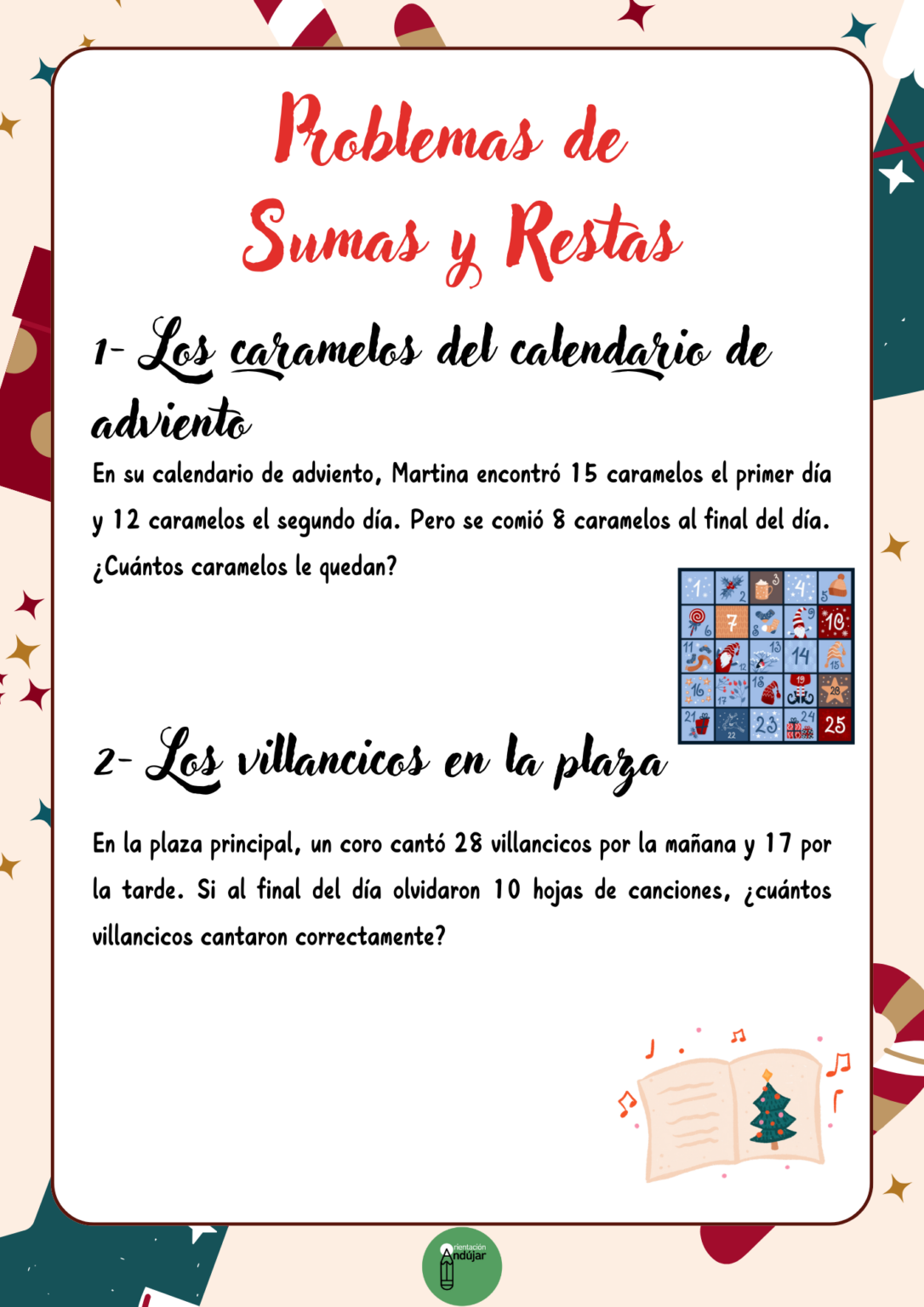 Problemas de Sumas y Restas Especial Navidad -Orientacion Andujar