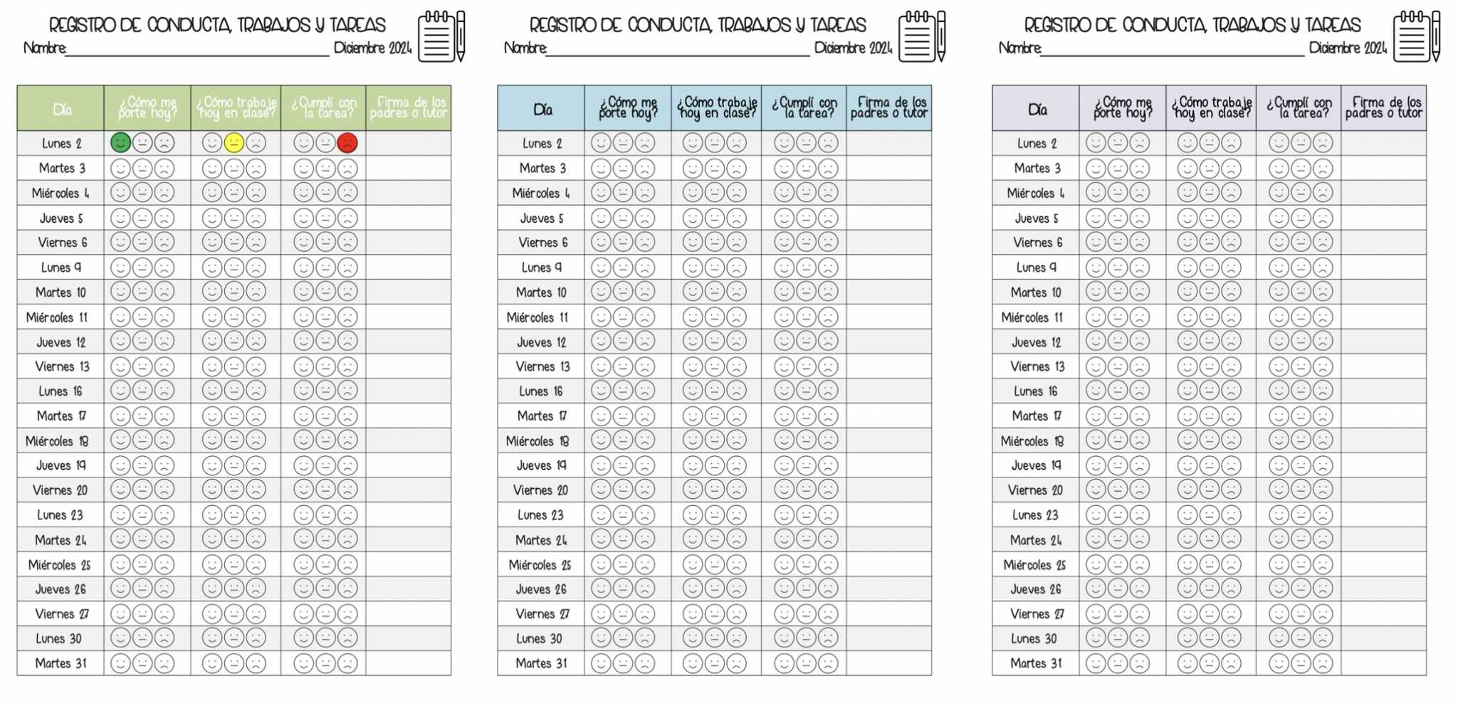 Registro de conducta, trabajos y tareas Diciembre 2024 editable power ...