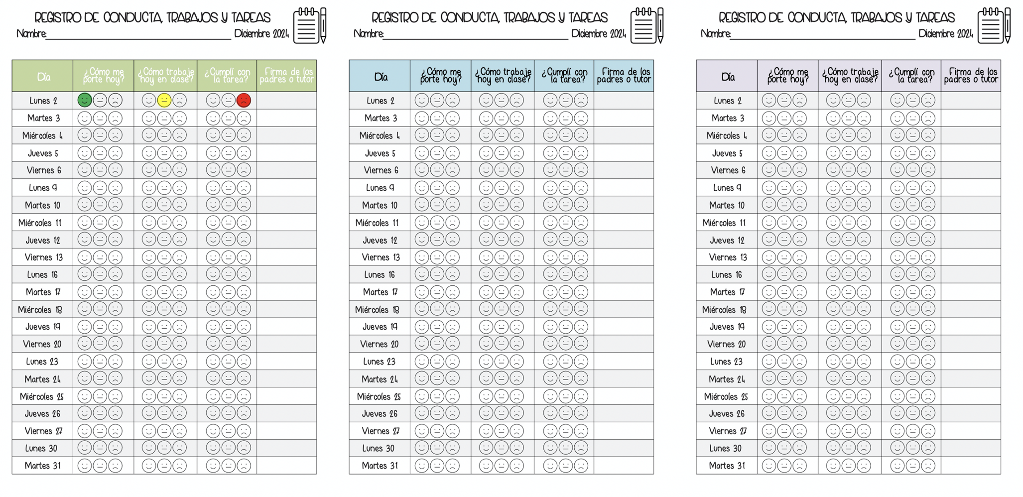 Registro de conducta, trabajos y tareas Diciembre 2024 editable power ...