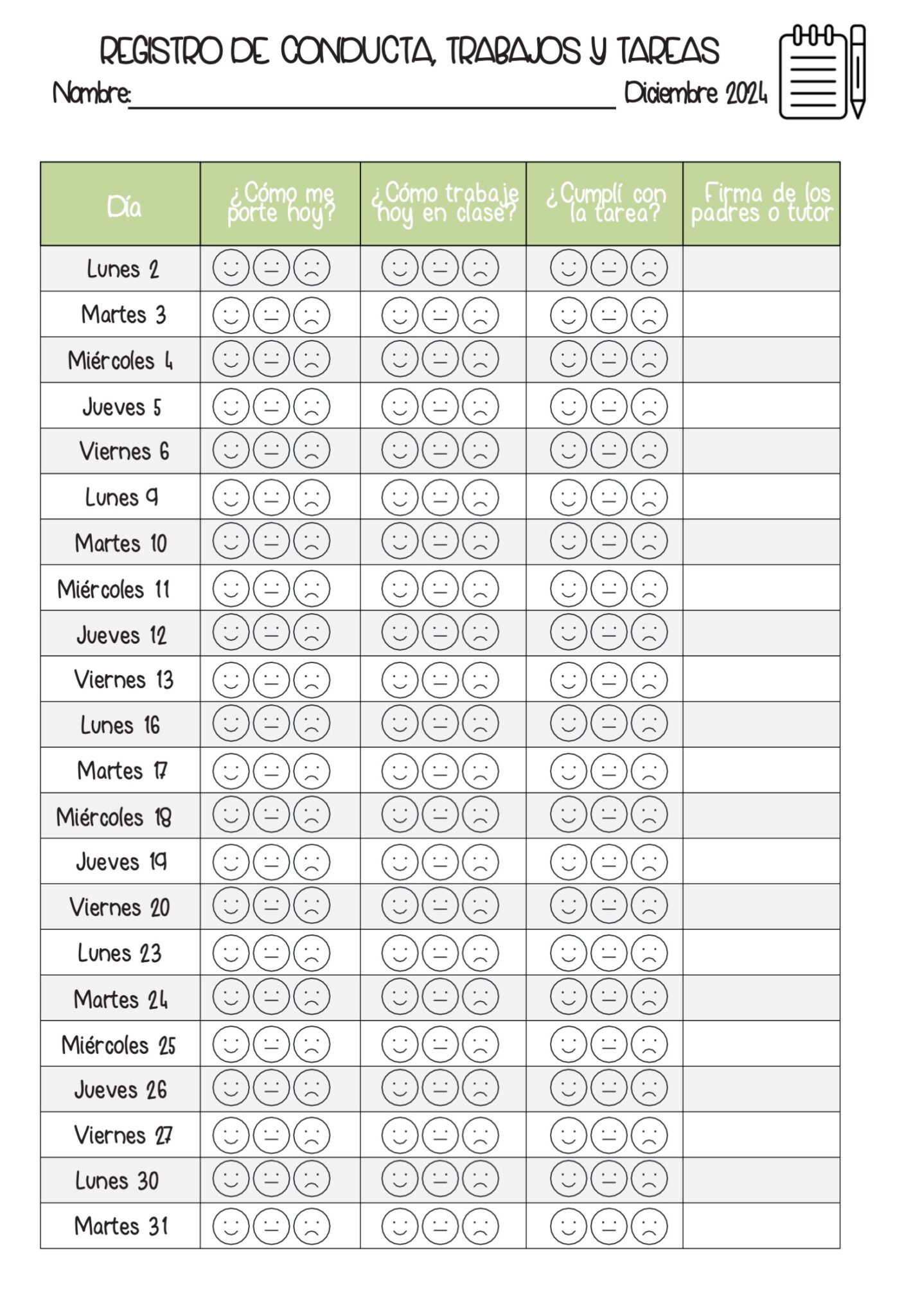 Registro de conducta, trabajos y tareas Diciembre 2024 editable power ...