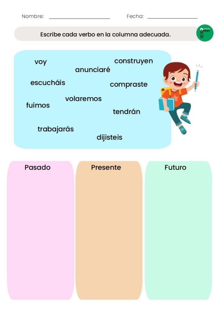 Fichas para clasificar verbos en pasado, presente o futuro -Orientacion ...