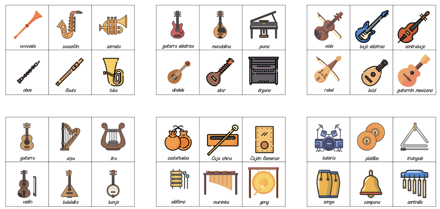 60 tarjetas flashcard curso TEA instrumentos musicales -Orientacion Andujar