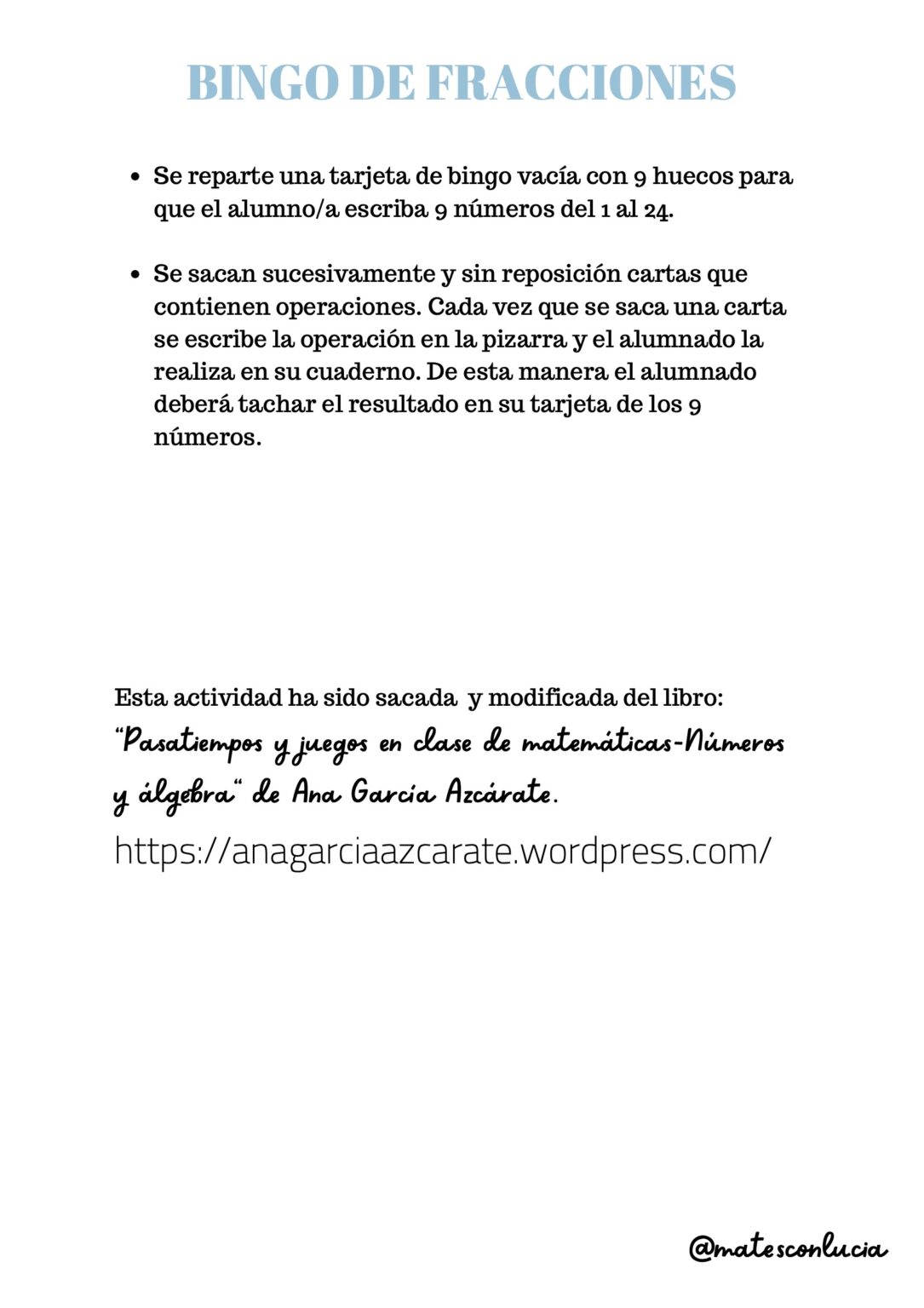 BINGO DE FRACCIONES tercer ciclo y 1º y 2º ESO -Orientacion Andujar