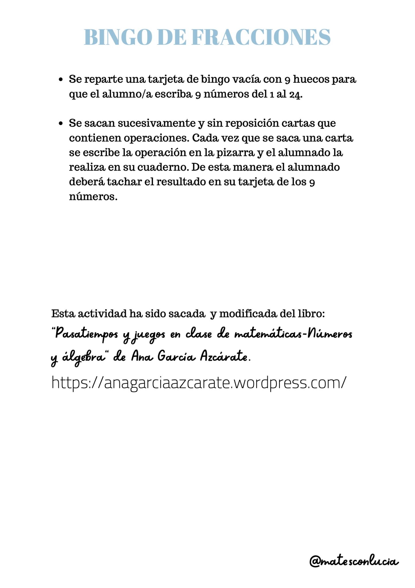 BINGO DE FRACCIONES tercer ciclo y 1º y 2º ESO -Orientacion Andujar