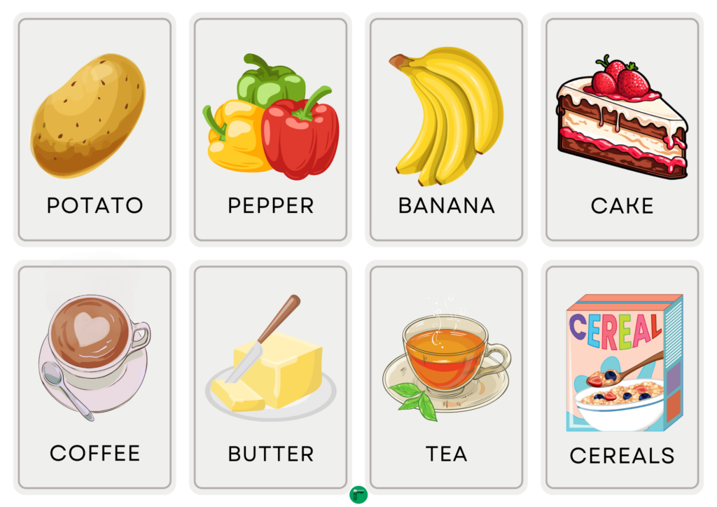 Flashcards Imprimibles sobre Alimentos en Inglés -Orientacion Andujar