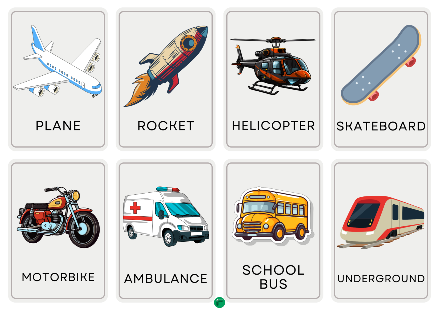 Flashcards Imprimibles sobre Vocabulario de los Medios de Transporte en ...