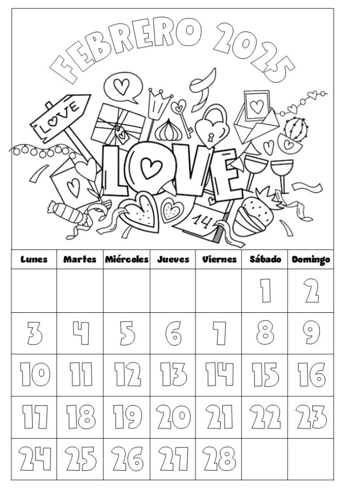Bonitos calendarios mes de febrero 2025 para colorear y decorar tu ...