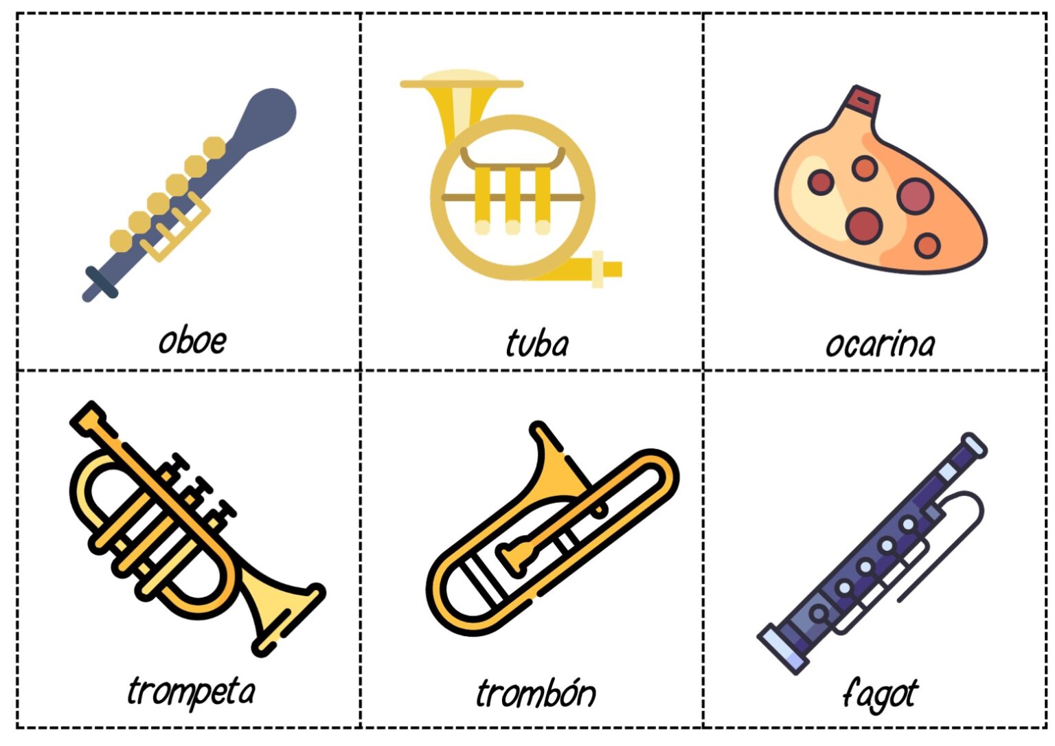 60 tarjetas flashcard curso TEA instrumentos musicales -Orientacion Andujar