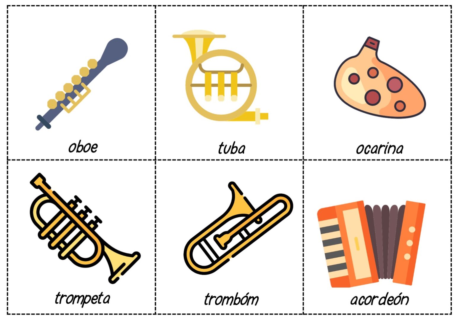 60 tarjetas flashcard curso TEA instrumentos musicales -Orientacion Andujar
