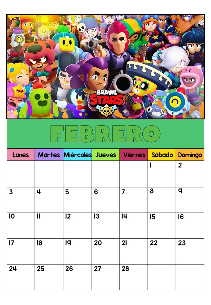 CALENDARIO BONITO ANOTACIONES BRAWL STARS FEBRERO 2025 -Orientacion Andujar