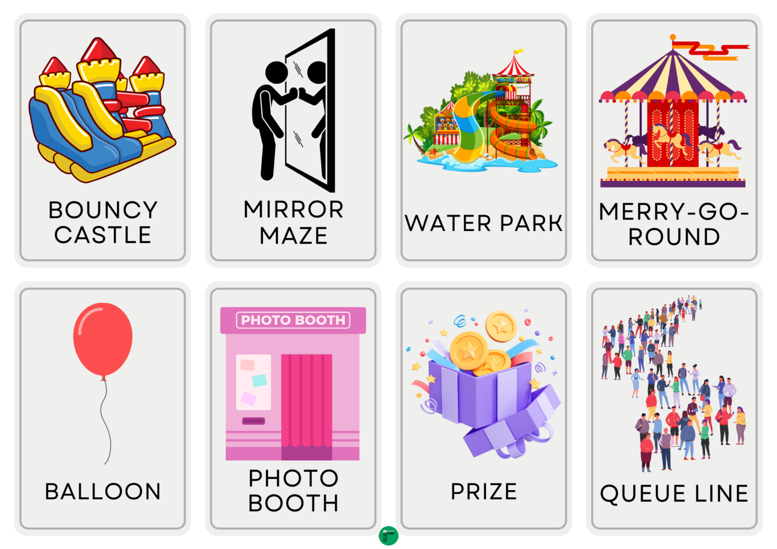 Flashcards Imprimibles sobre Vocabulario de los Parques de Atracciones ...