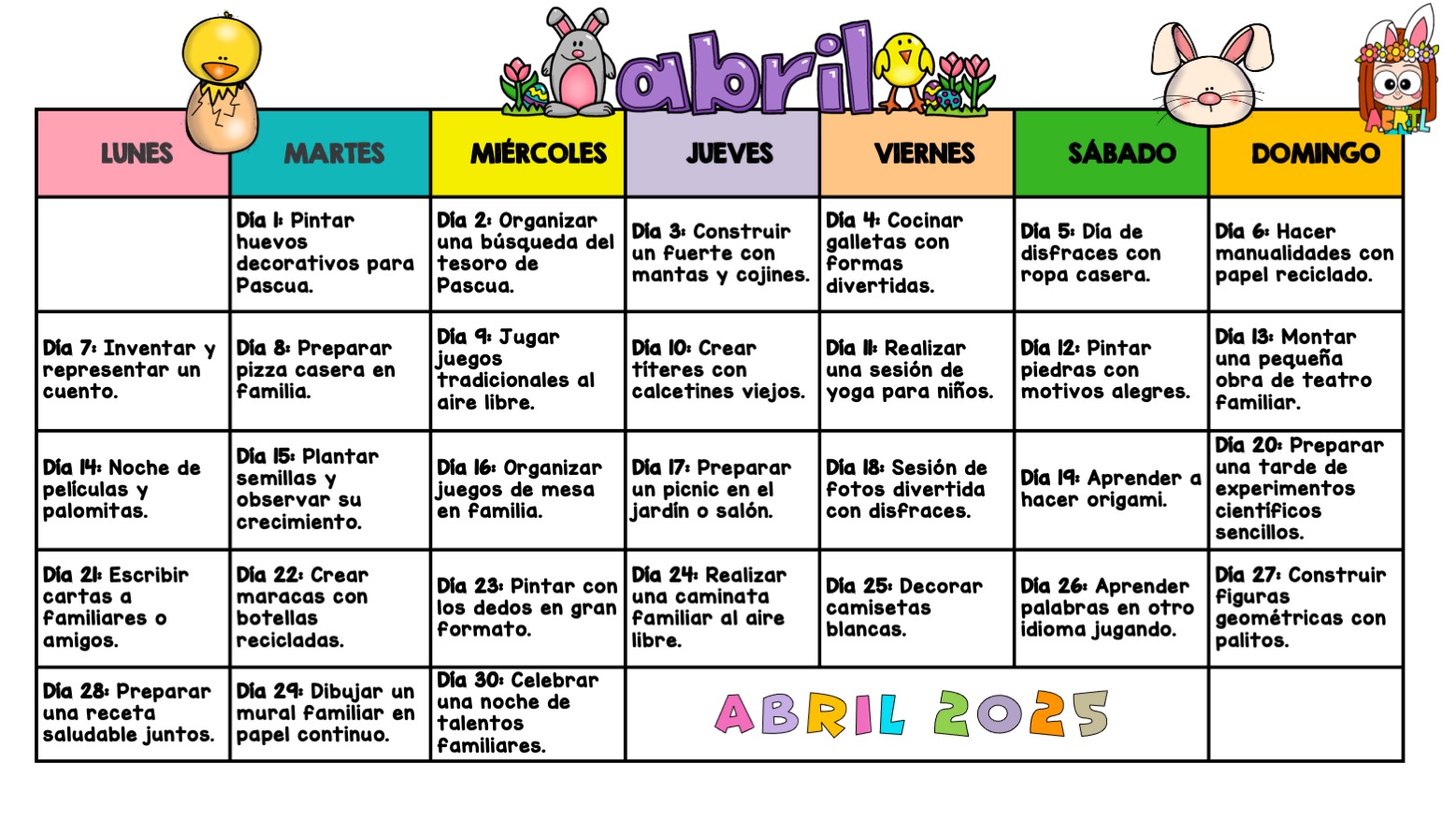 Calendario abril 2025 de actividades divertidas para hacer en casa ...