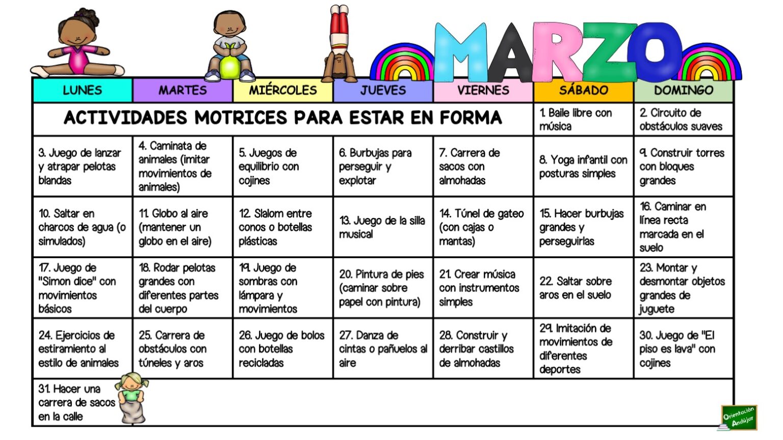 Calendario actividades motrices para infantil Marzo 2025 - Orientacion ...