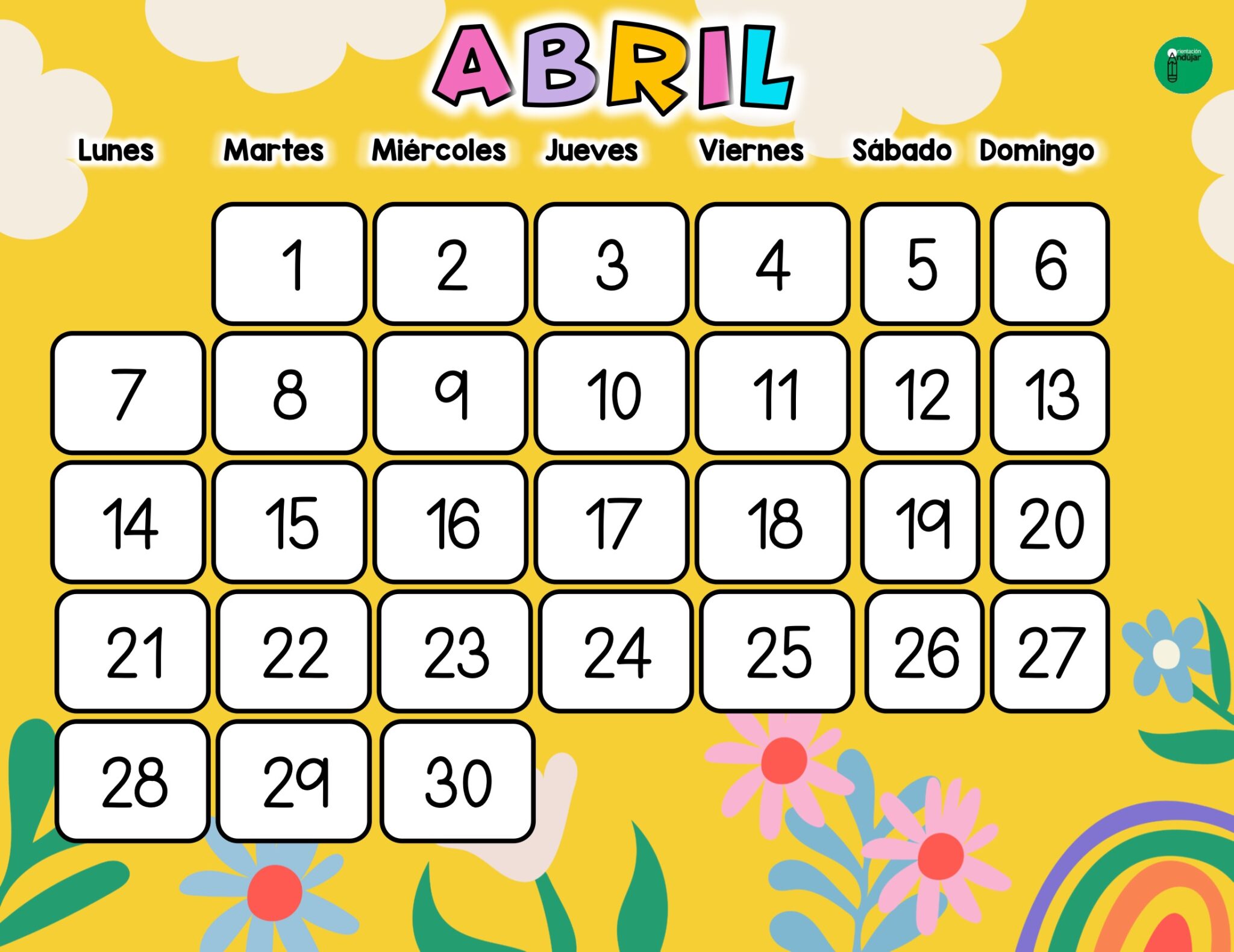 Colorido calendario mes de abril 2025 - Orientacion Andujar