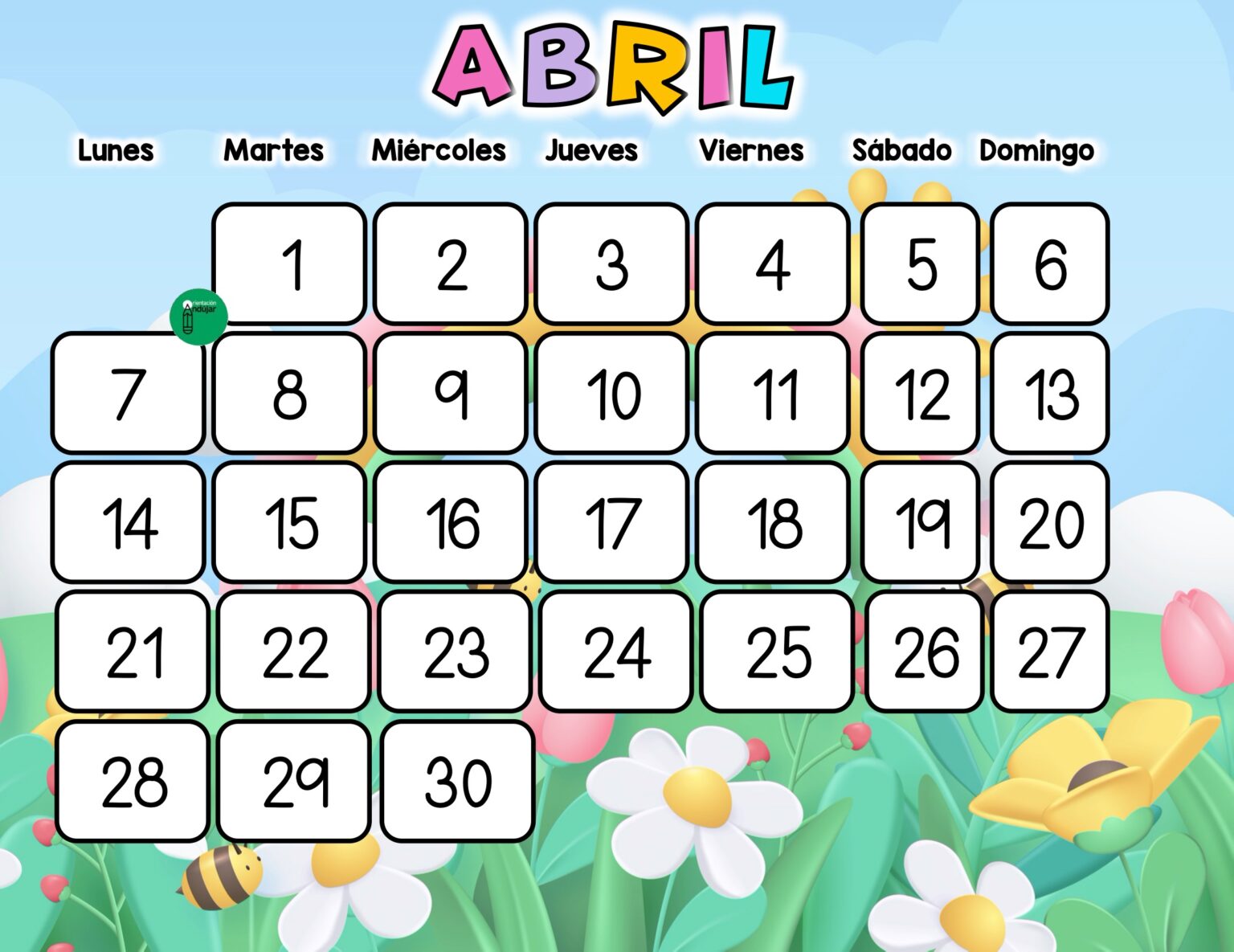 Colorido calendario mes de abril 2025 - Orientacion Andujar
