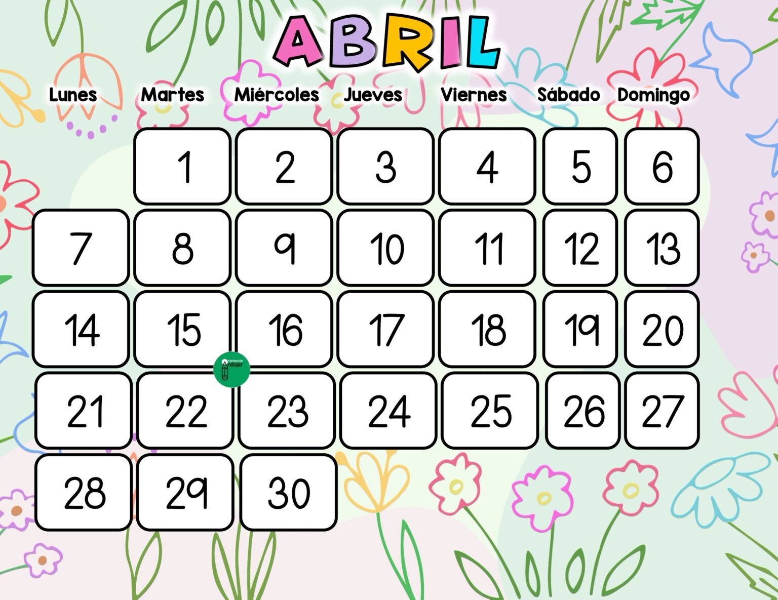 Colorido calendario mes de abril 2025 - Orientacion Andujar