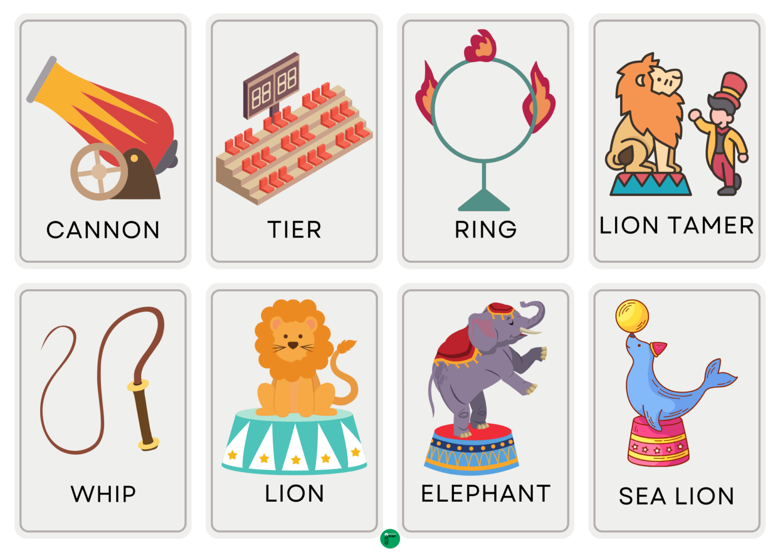 Flashcards Imprimibles sobre Vocabulario del Circo en Inglés ...