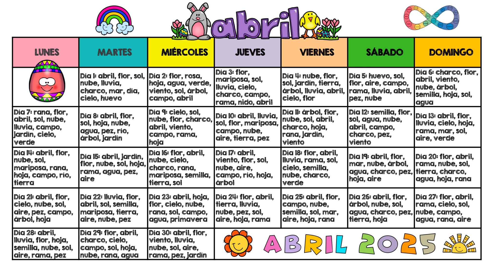 Calendario abril 2025 dictado de palabras sencillas - Orientacion Andujar