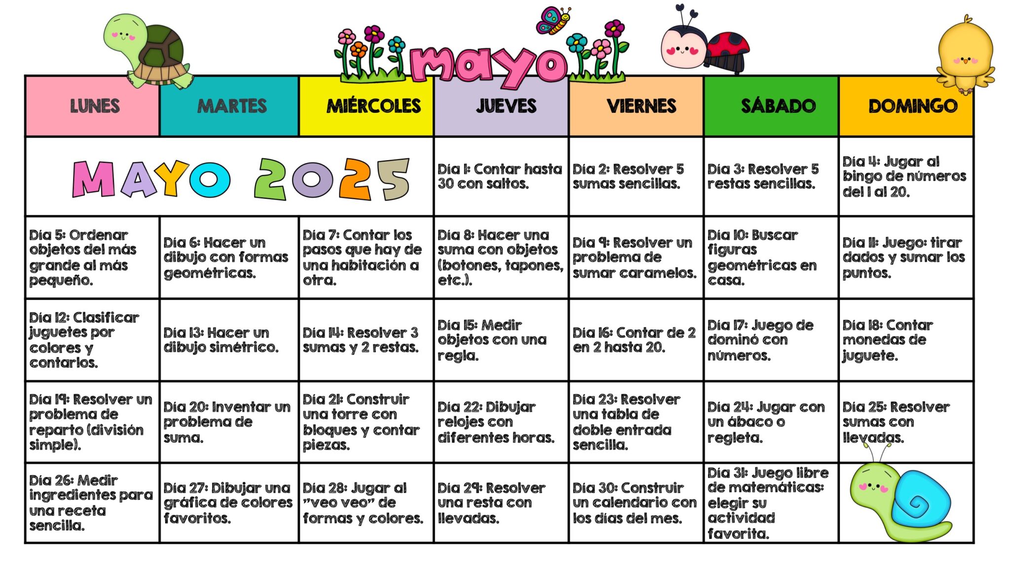 Calendario de Actividades Matemáticas para Primer Ciclo de Primaria ...