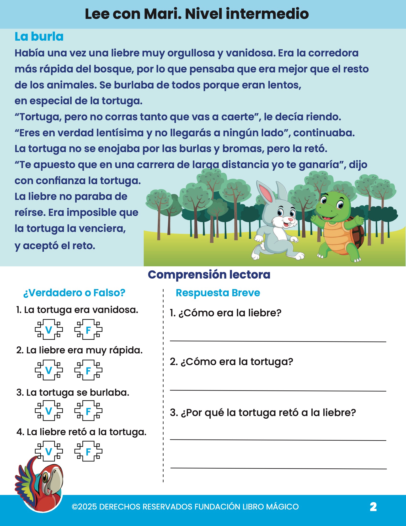Comprensión lectora fábulas La liebre y la tortuga - Orientacion Andujar