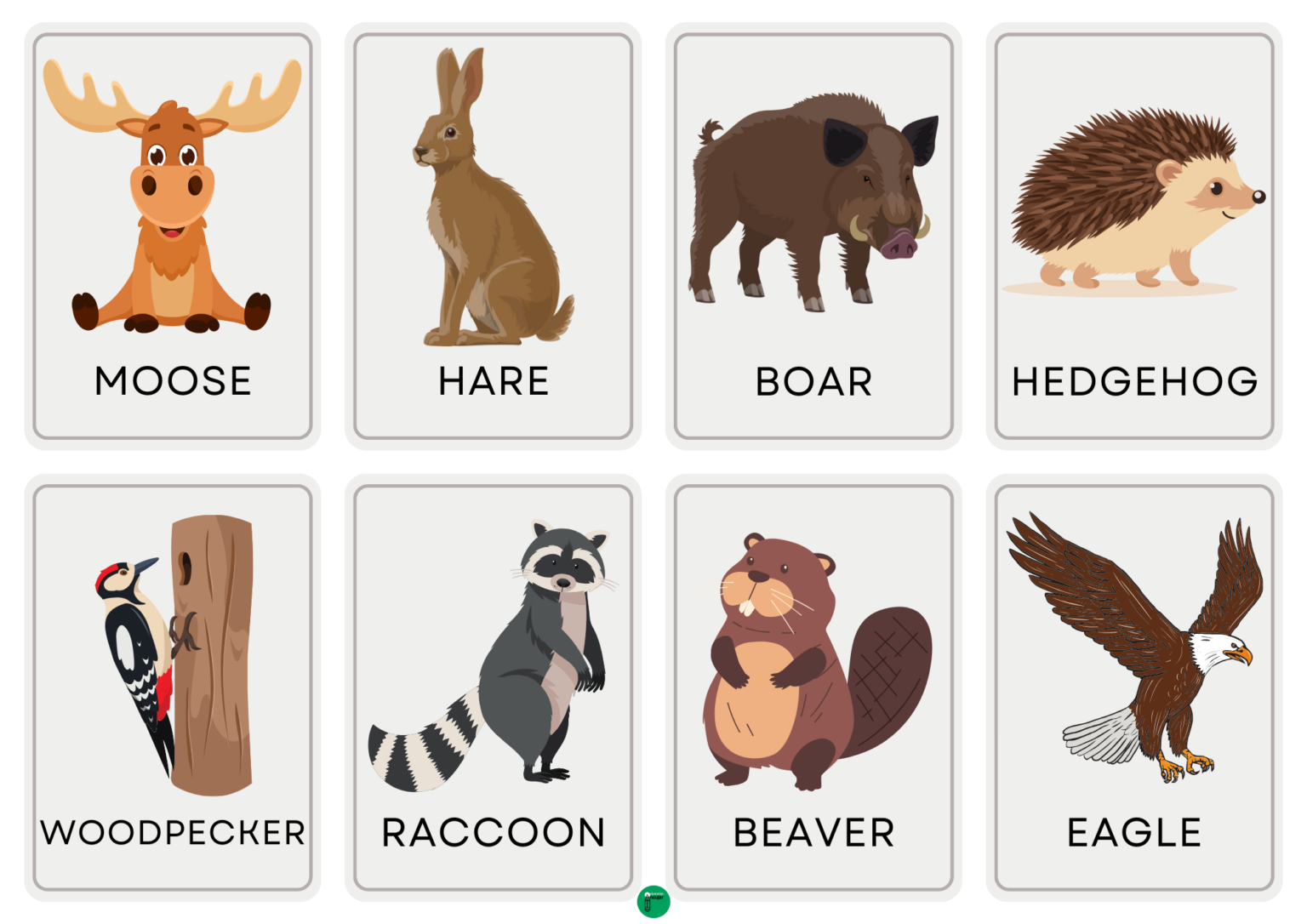 Flashcards Imprimibles sobre Vocabulario de los Animales del Bosque en ...