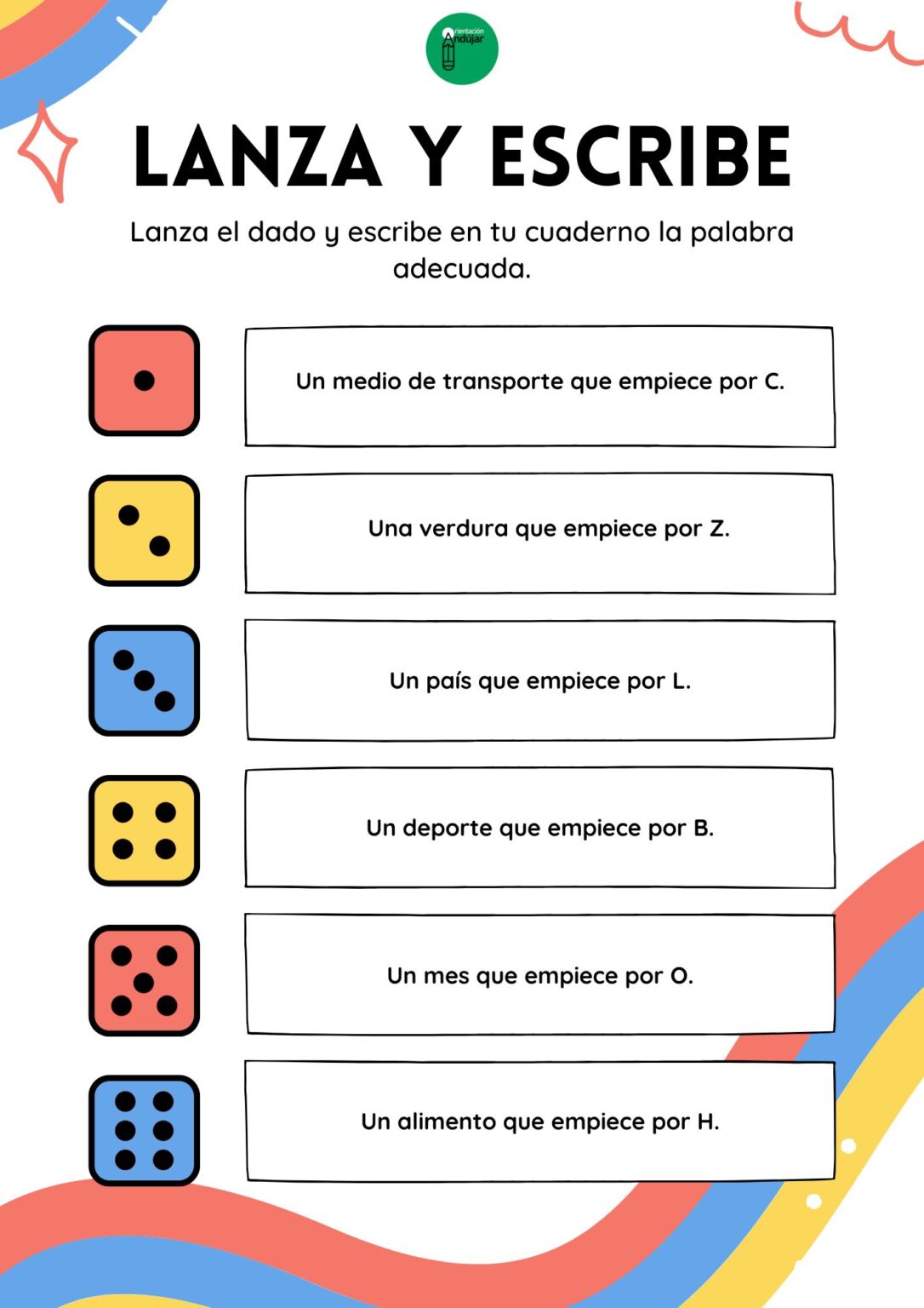Divertida actividad de fluidez léxica: Lanza el dado y escribe ...