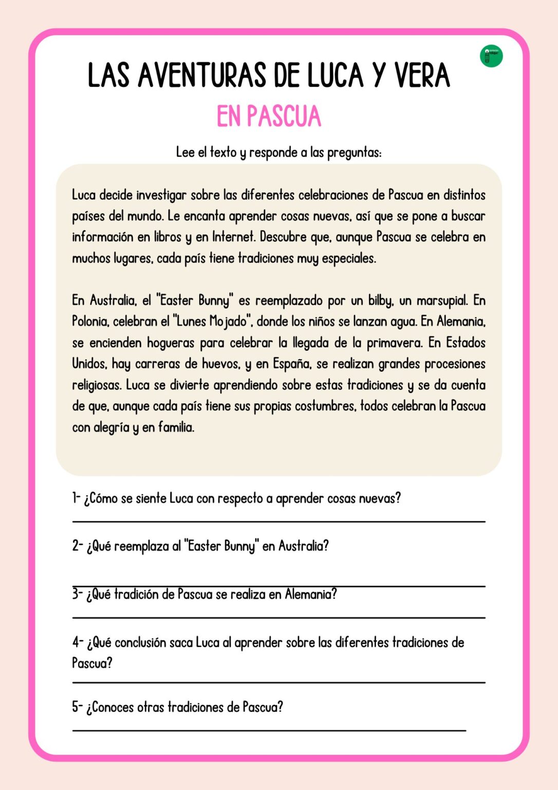 Lecturas comprensivas: Las aventuras de Luca y Vera en Pascua ...