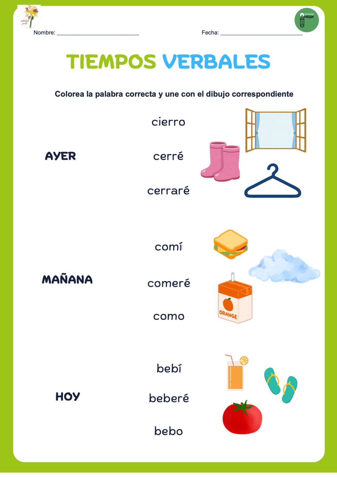 Fichas para trabajar los Tiempos Verbales - Orientacion Andujar