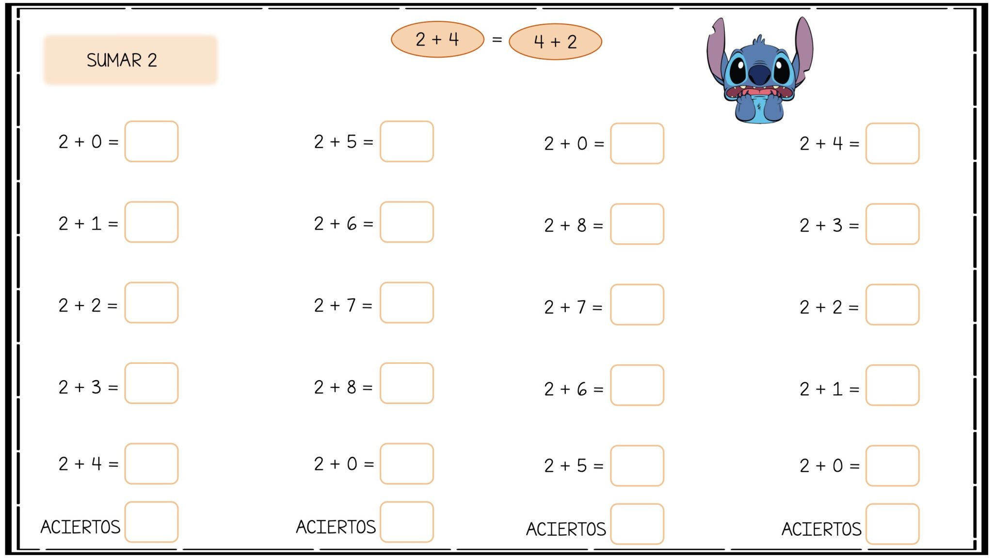 CUADERNO CÁLCULO MENTAL SUMAR LILO y STICH - Orientacion Andujar