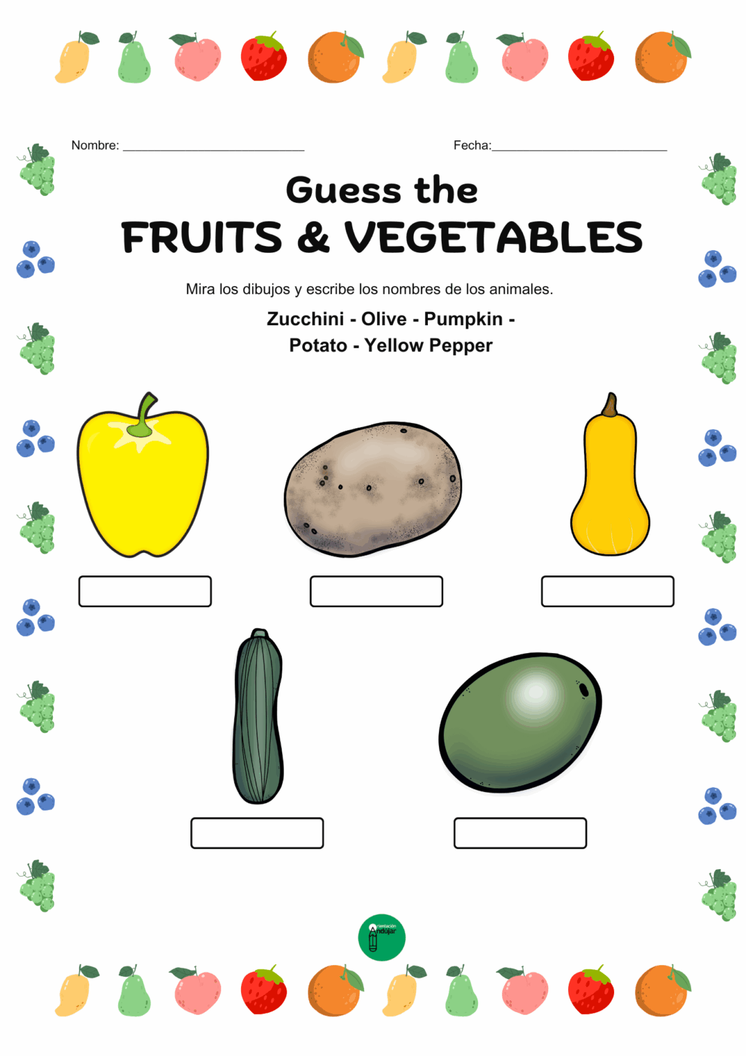 Actividad Visual de Vocabulario de Frutas y Verduras en Ingles ...
