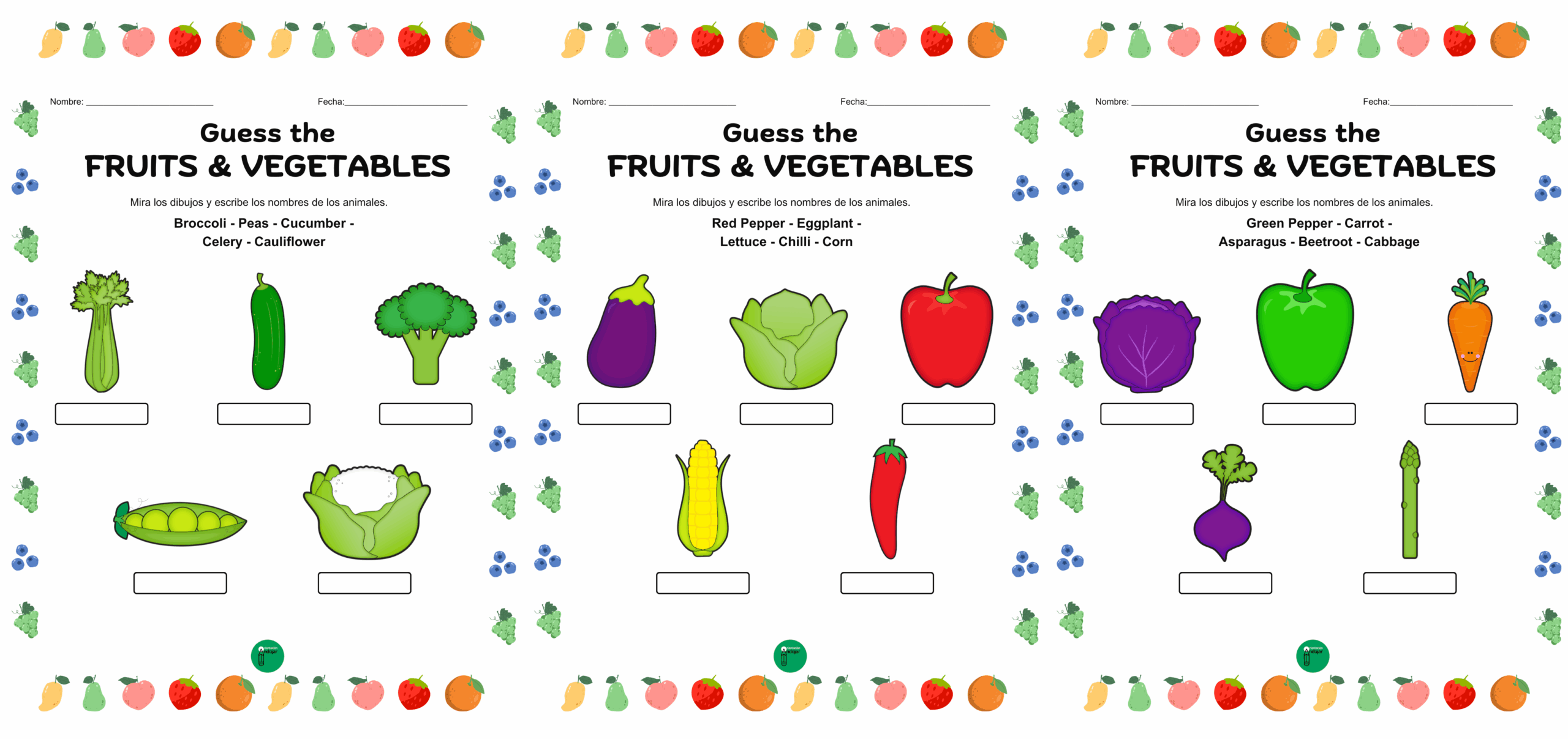 Actividad Visual de Vocabulario de Frutas y Verduras en Ingles ...