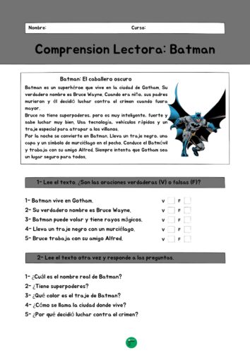 Ficha de Comprensión Lectora de Superhéroes - Orientacion Andujar
