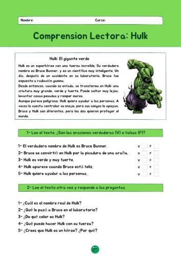 Ficha de Comprensión Lectora de Superhéroes - Orientacion Andujar