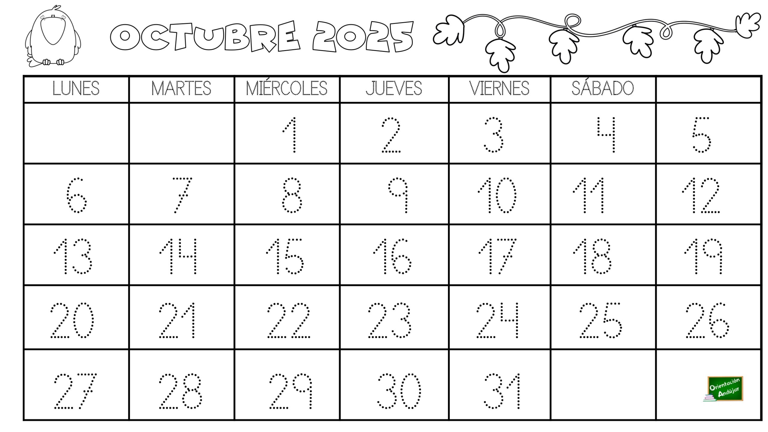Calendario punteado de octubre 2025 ESCRIBIR Y COLOREAR - Orientacion Andujar
