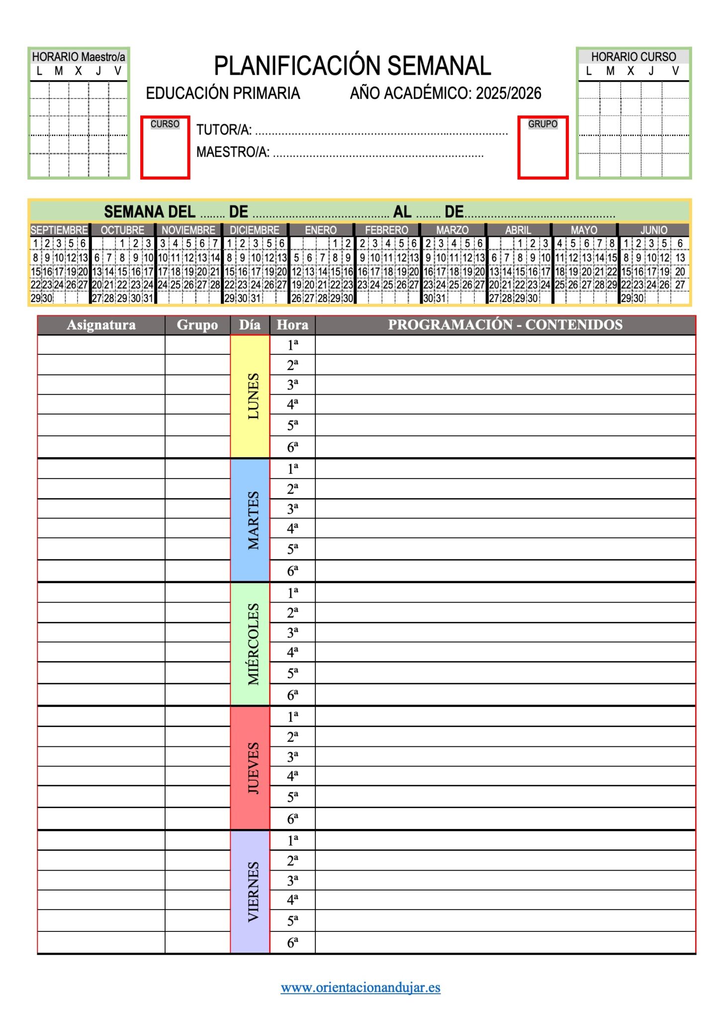 PLANIFICADOR SEMANAL PRIMARIA PROGRAMACIONES 6 horas curso 2025-2026 ...