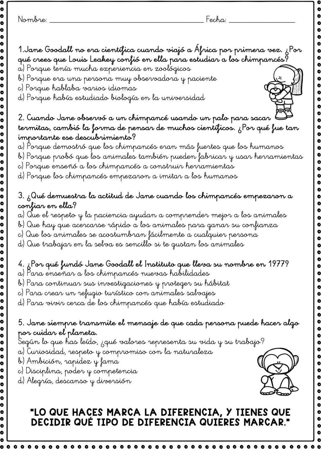 Comprensión Lectora sobre Jane Goodall - Orientacion Andujar