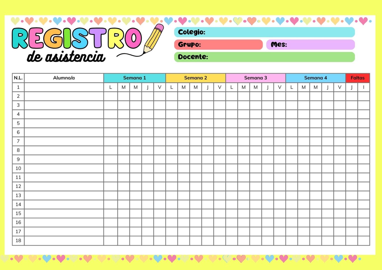 Registro de Asistencia colorido para tus clases - Orientacion Andujar