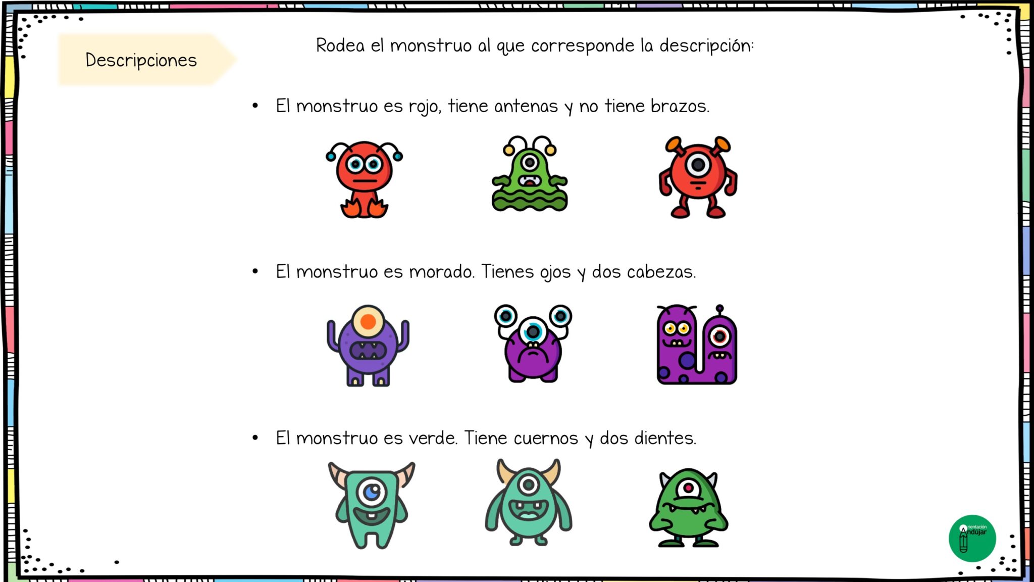 Fichas de comprensión lectora con descripciones - Orientacion Andujar