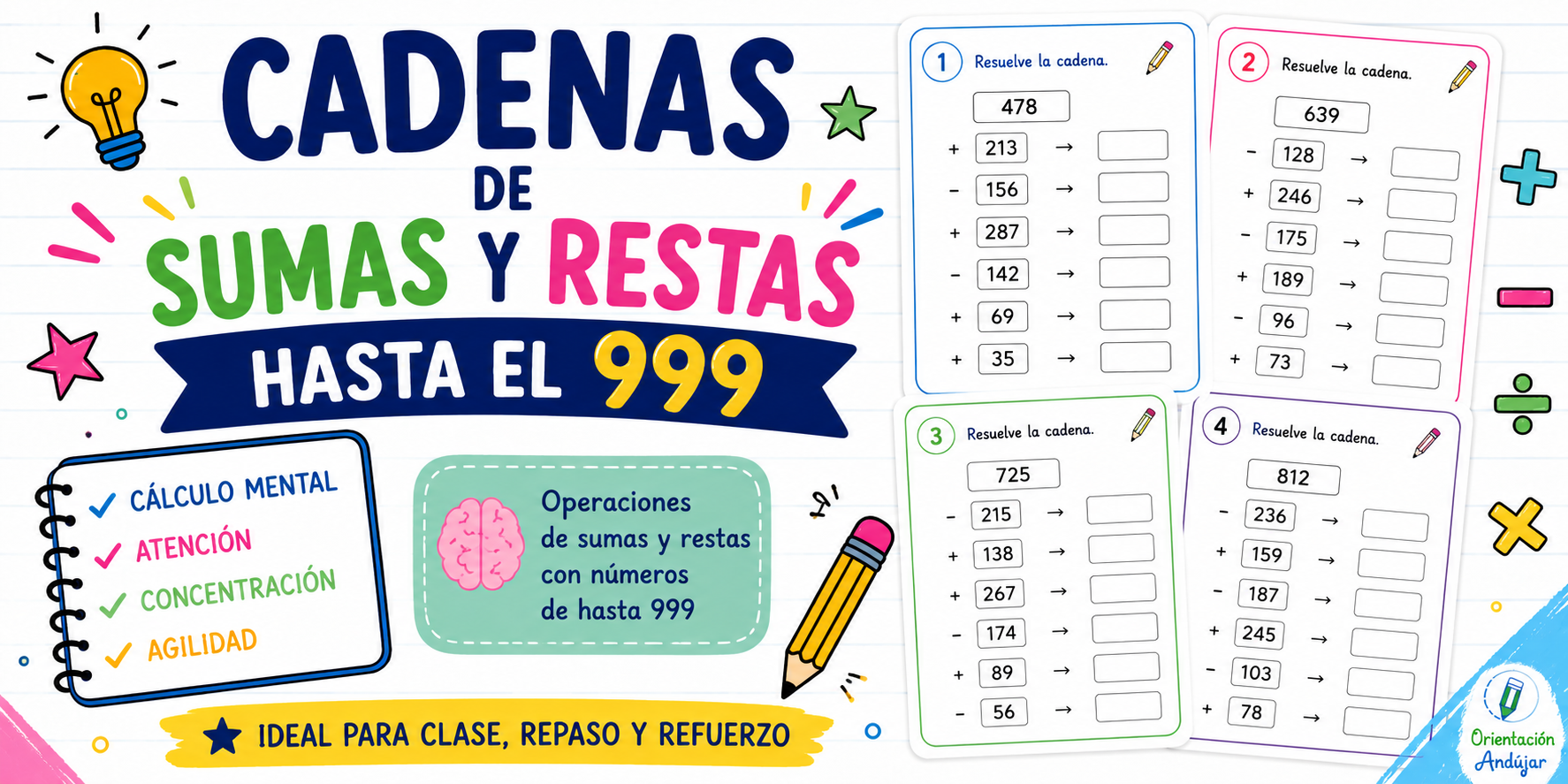 Cuadernillo de sumas de 3 cifras con llevada -Orientacion Andujar
